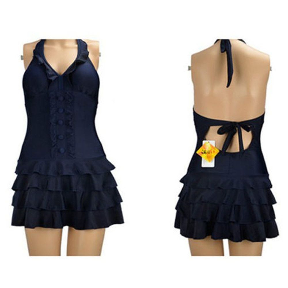 Sexy Deep V One Piece Swimsuit Swimdress Ruffle Swimwear Halter Plus